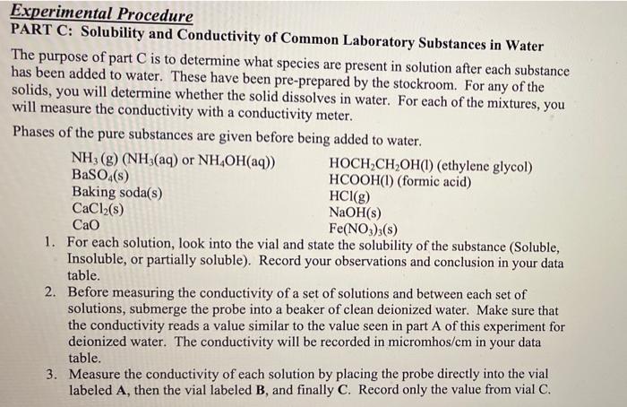 Solved Experimental Procedure PART C: Solubility and | Chegg.com