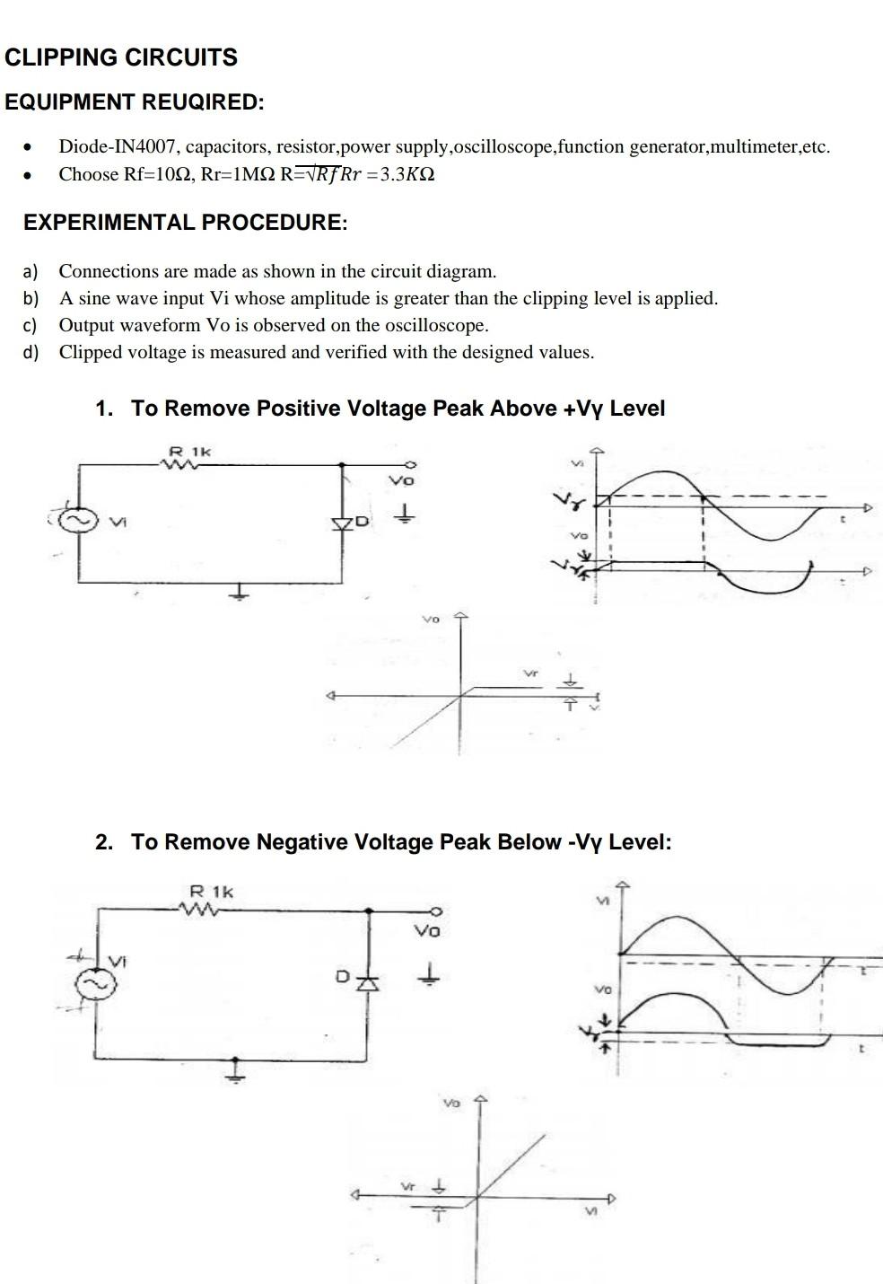 Solved CLIPPING CIRCUITS EQUIPMENT REUQIRED: Diode-IN4007, | Chegg.com