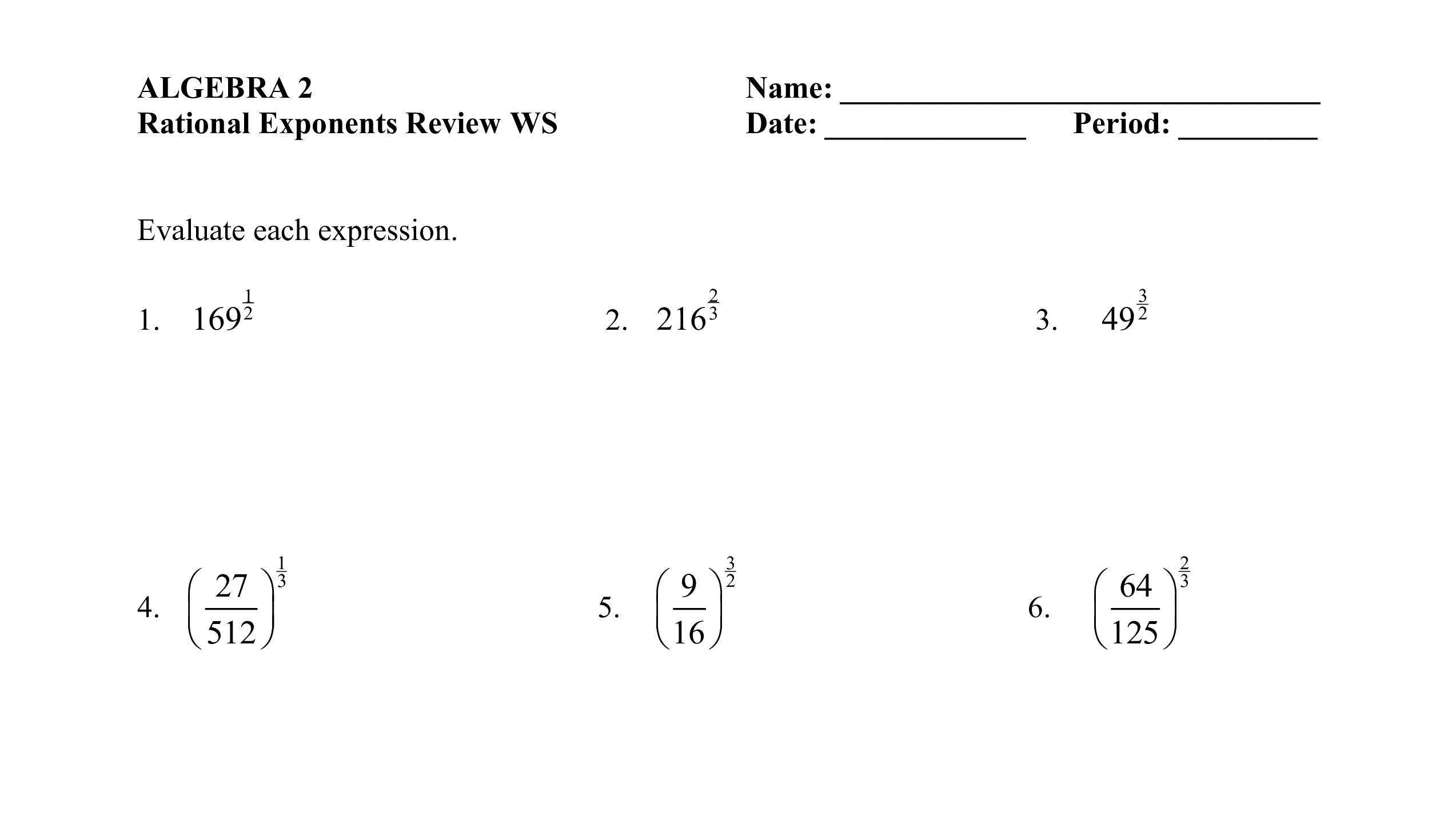 Solved ALGEBRA 2Rational Exponents Review | Chegg.com