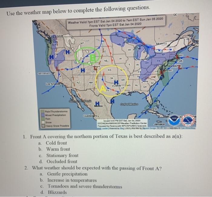 Solved Use the weather map below to complete the following | Chegg.com