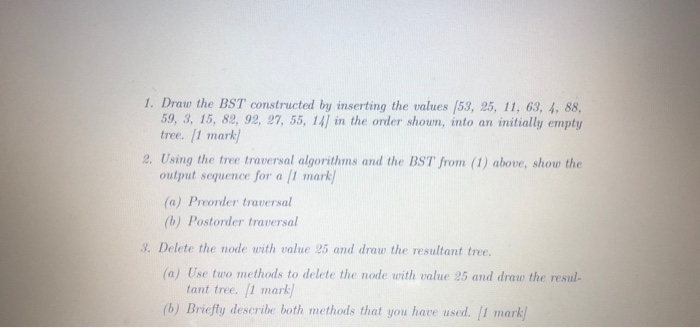 Solved 1. Draw the BST constructed by inserting the values | Chegg.com