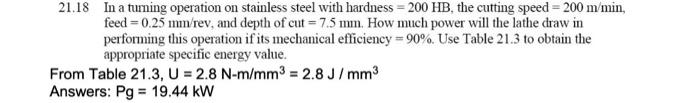 Solved 21.4 In a turning operation, spindle speed is set to | Chegg.com