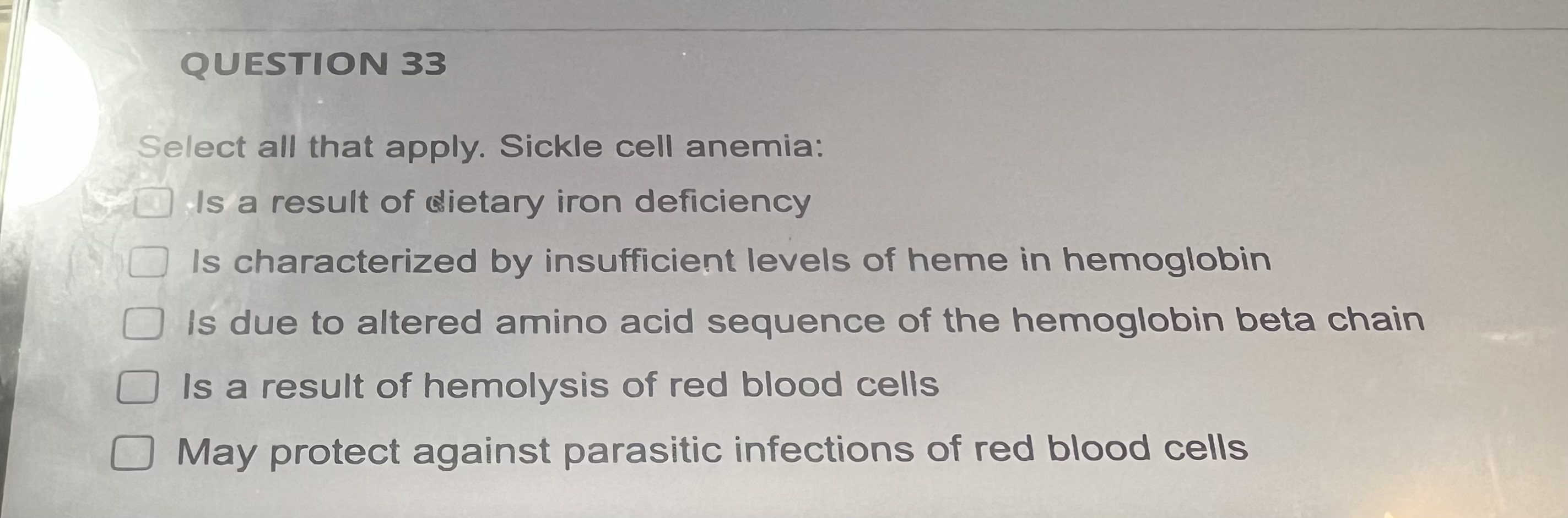 Solved UESTION 33Select all that apply. Sickle cell | Chegg.com