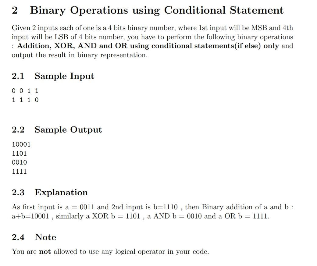 Solved 2 Binary Operations Using Conditional Statement Given 7640