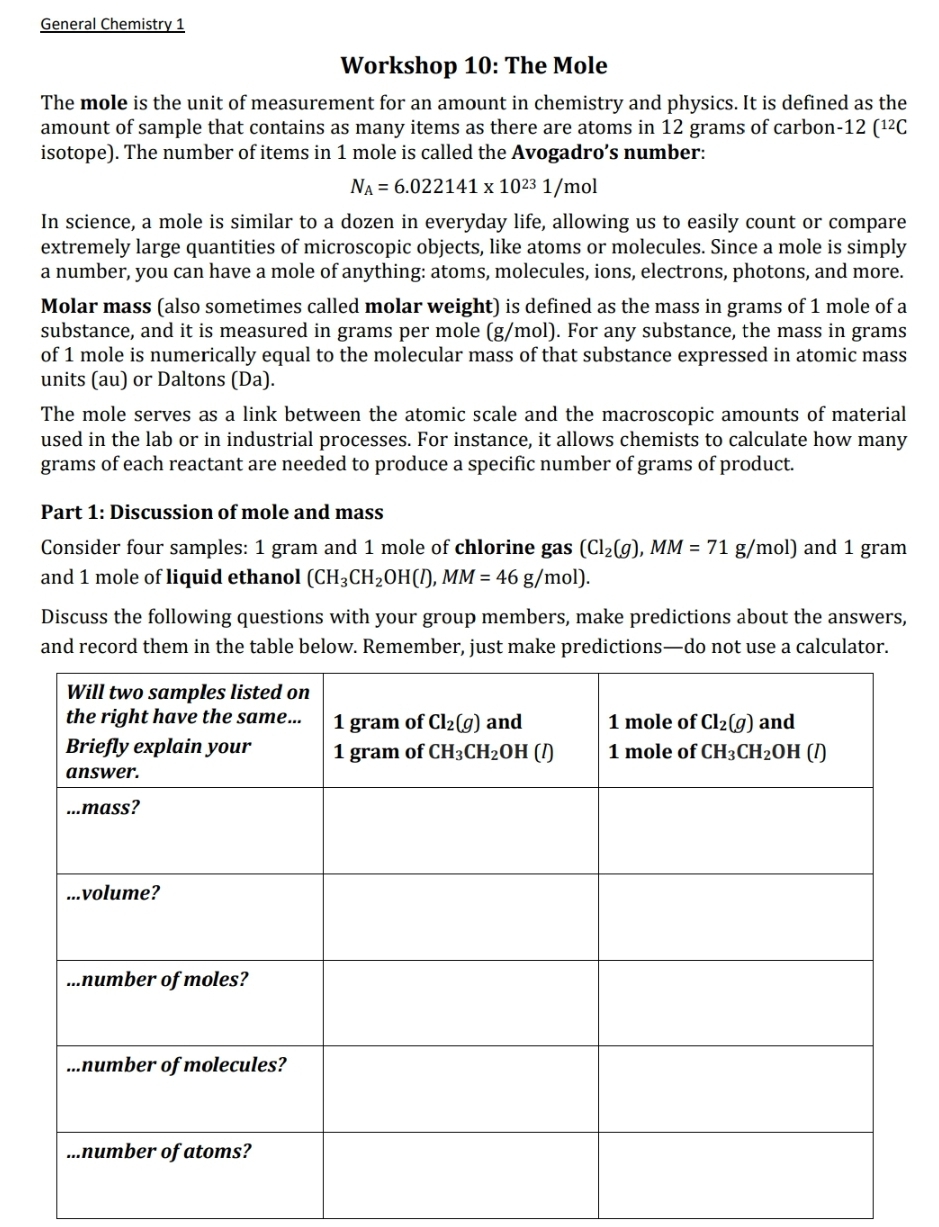 Solved General Chemistry 1Workshop 10: The MoleThe mole is | Chegg.com