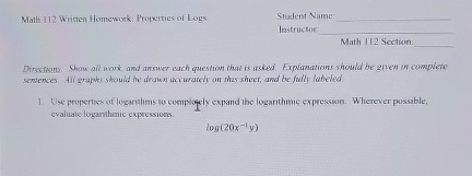 Solved Math 112 ﻿Written Homework. Proysties of LogsStudent | Chegg.com