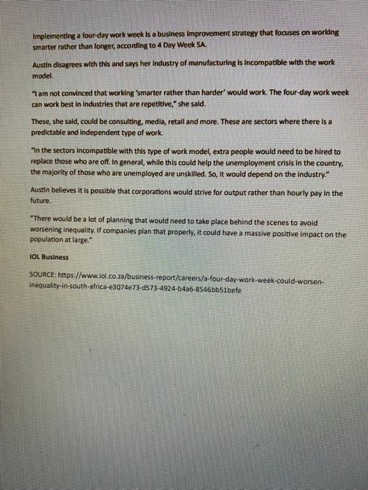 Solved 'A four day work week could worsen Inequality In | Chegg.com