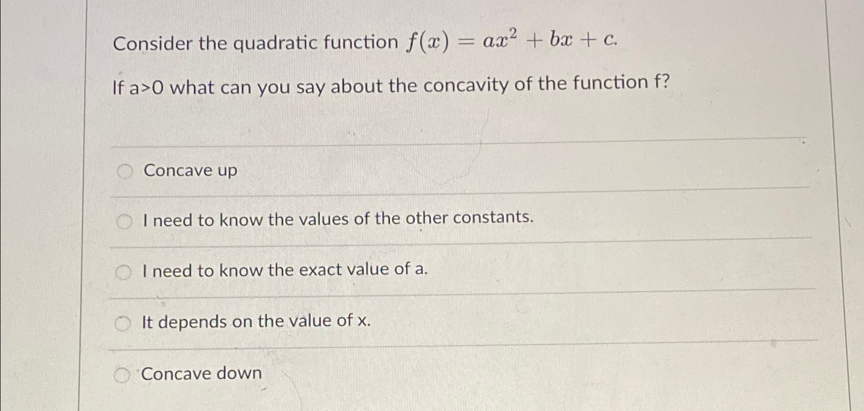 Consider the quadratic function f(x)=ax2+bx+c.If a>0 | Chegg.com