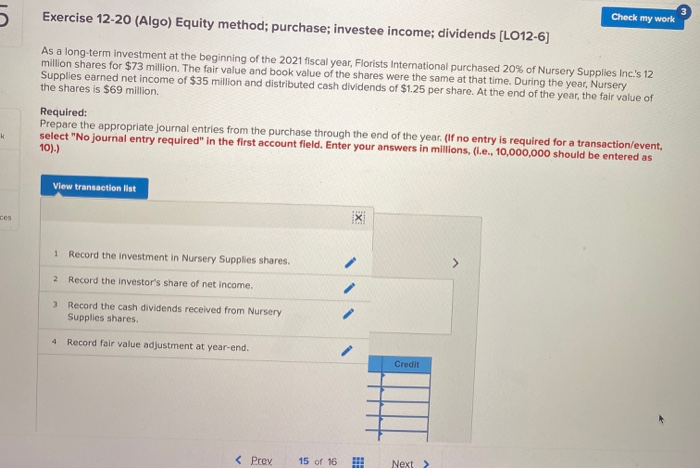 Solved Check my work Exercise 12-20 (Algo) Equity method; | Chegg.com