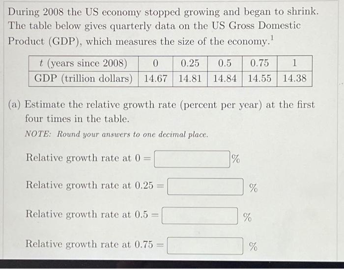 Solved During 2008 The US Economy Stopped Growing And Began Chegg