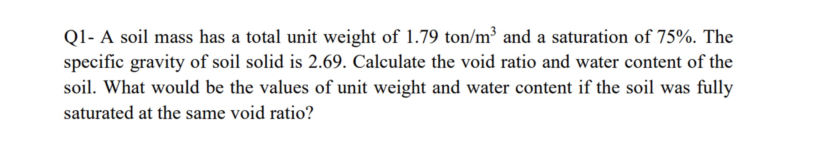 Solved Q1- ﻿A soil mass has a total unit weight of 1.79tonm3 | Chegg.com