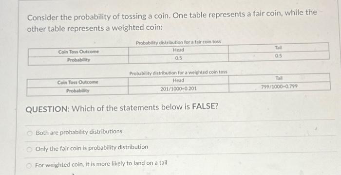 Solved Consider the probability of tossing a coin. One table | Chegg.com