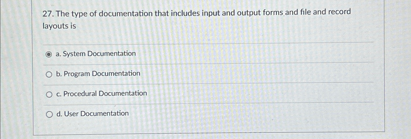 Solved The type of documentation that includes input and | Chegg.com