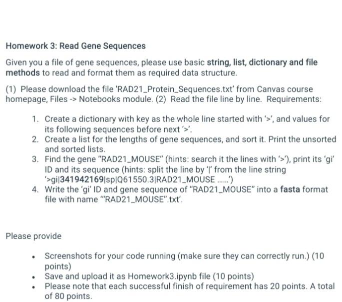 Homework 3: Read Gene Sequences Given you a file of | Chegg.com