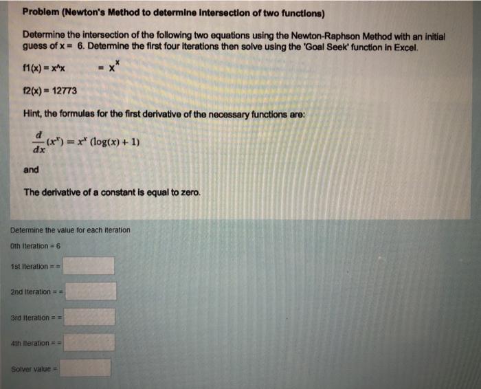 Solved Problem (Newton's Method to determine Intersection of | Chegg.com