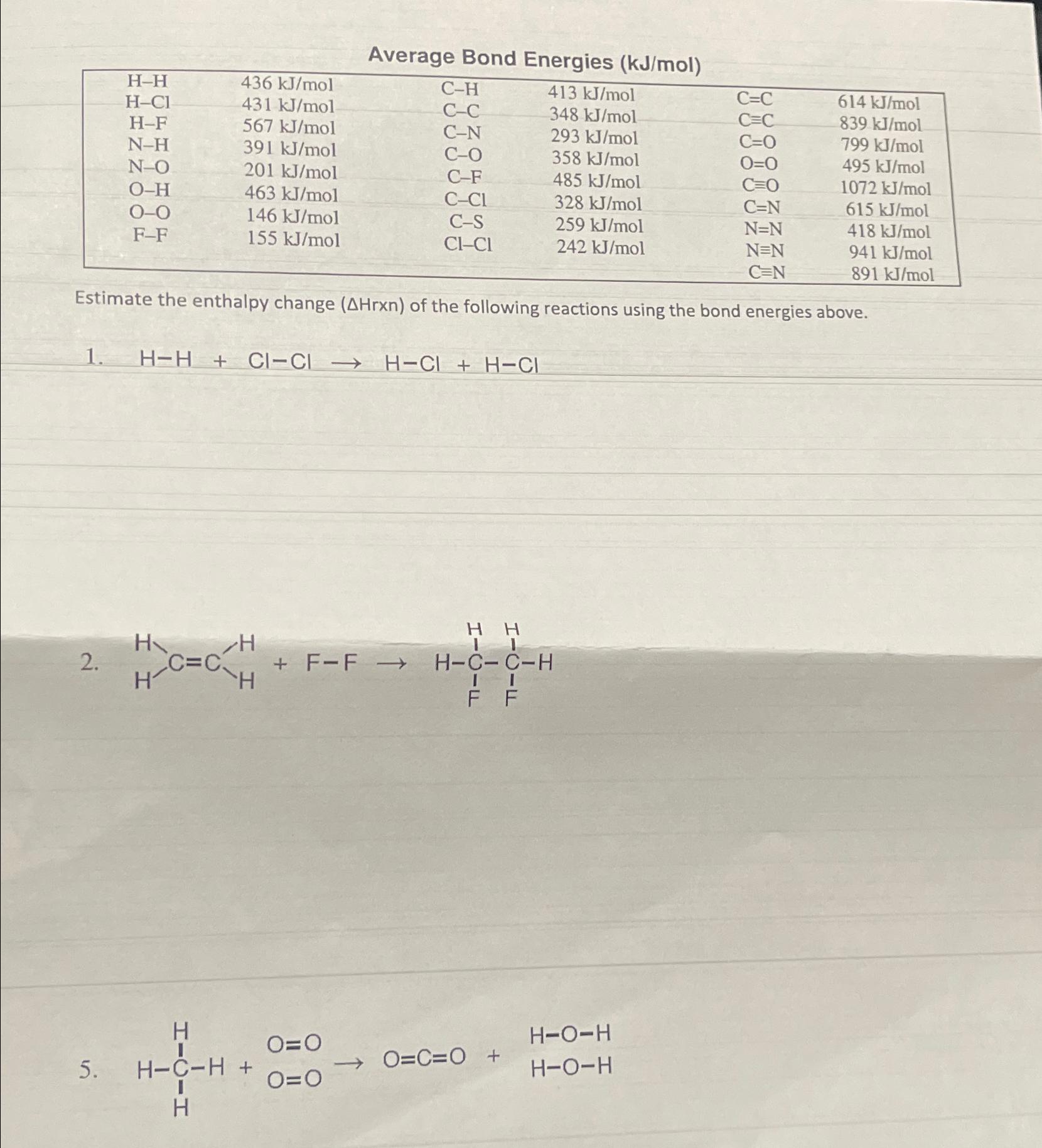 Solved Average Bond Energies | Chegg.com