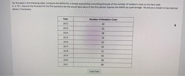 Solved For the data in the following table, compute the MAPD | Chegg.com