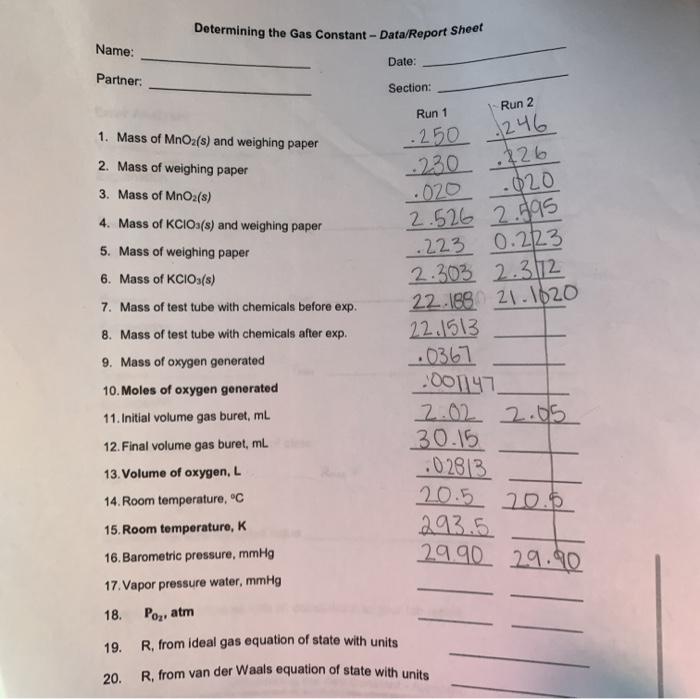 Determining the Gas Constant - Data/Report Sheet | Chegg.com
