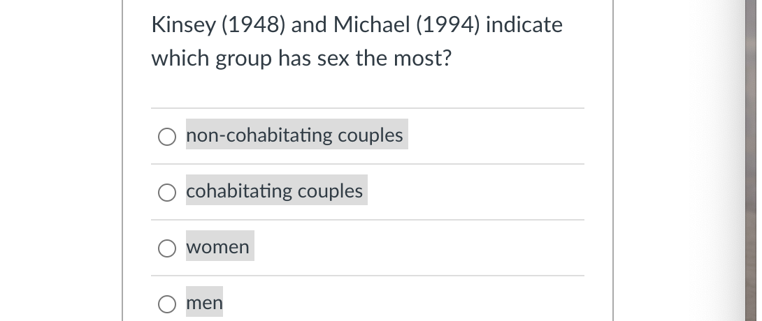 Solved Kinsey (1948) ﻿and Michael (1994) ﻿indicatewhich | Chegg.com
