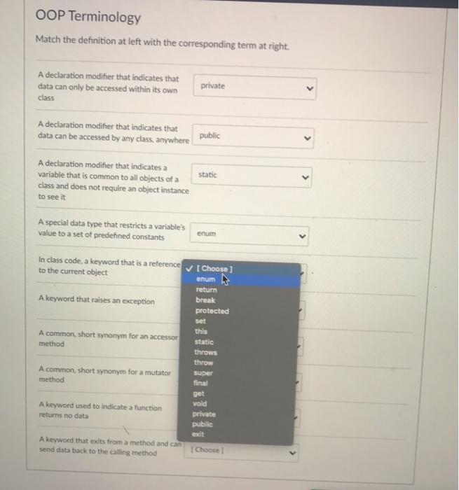 Solved OOP Terminology Match the definition at left with the | Chegg.com