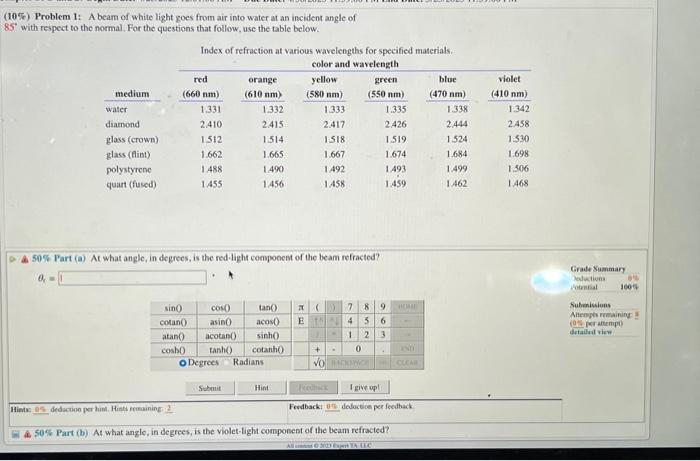 Solved (10\%) Problem 1: A beam of white light goes from air | Chegg.com