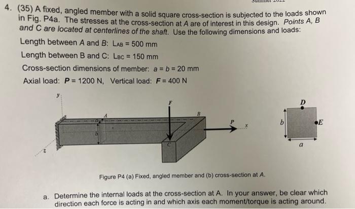 Solved 4. (35) A fixed, angled member with a solid square | Chegg.com
