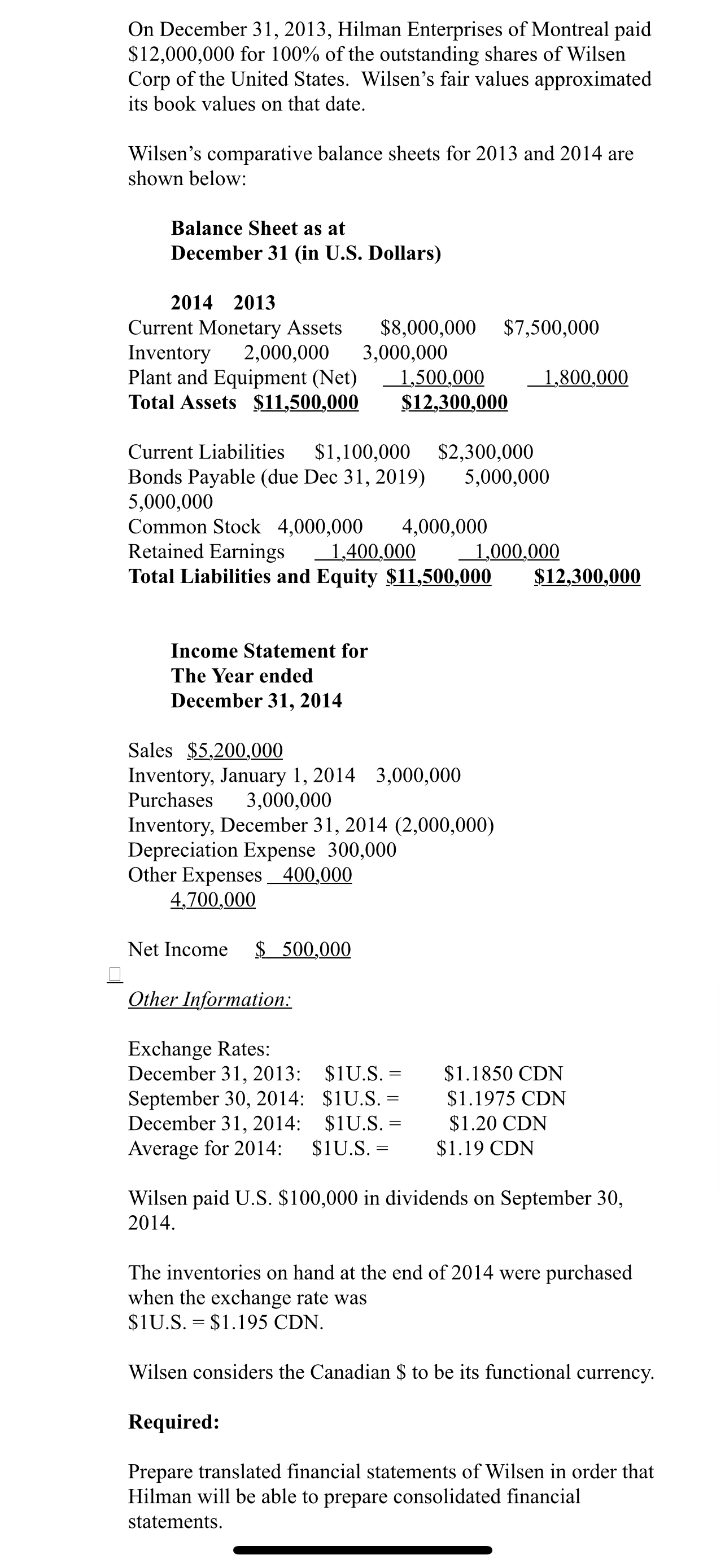 Solved On December 31, 2013, ﻿Hilman Enterprises of Montreal | Chegg.com