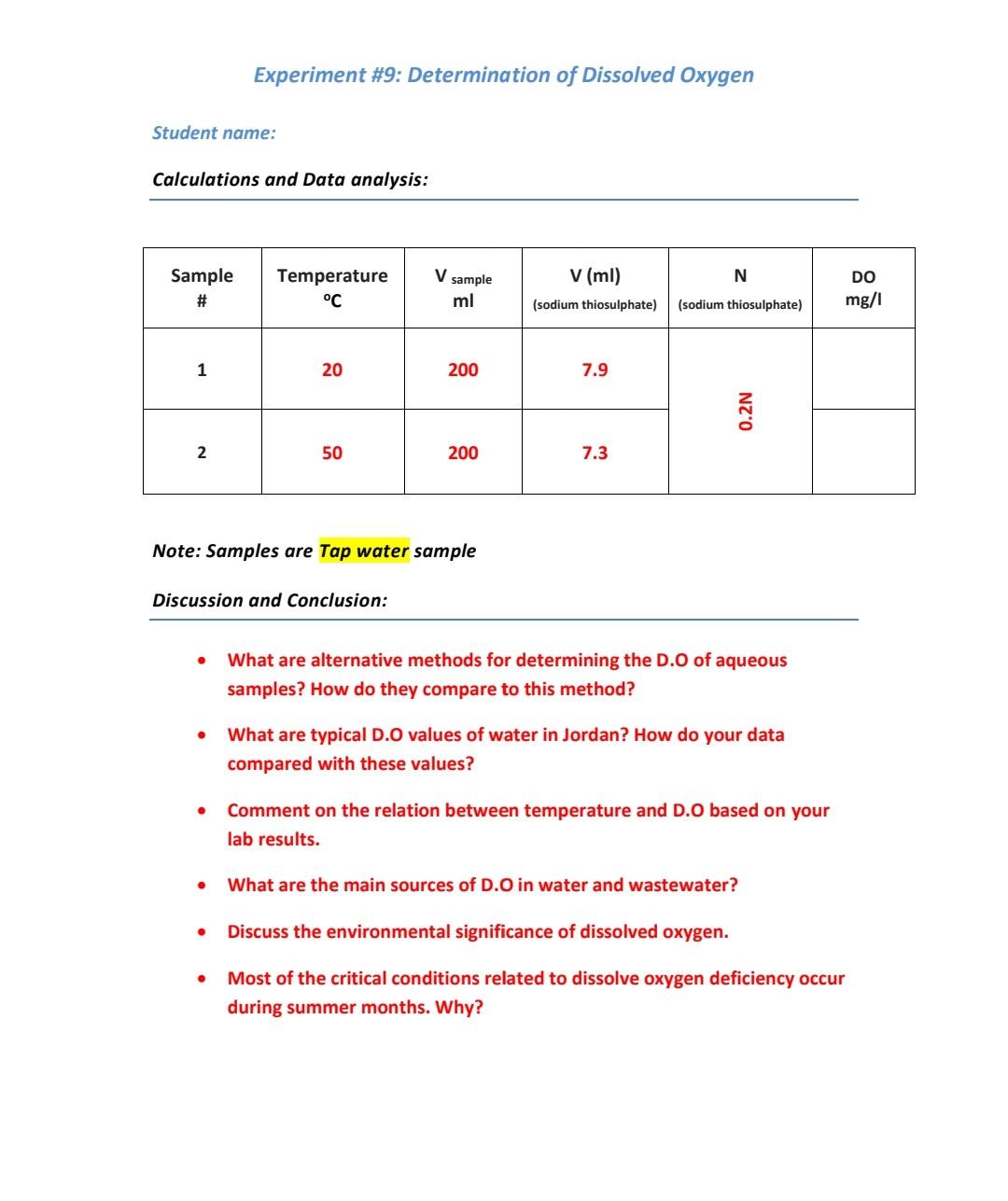 Solved Experiment #9: Determination of Dissolved Oxygen | Chegg.com