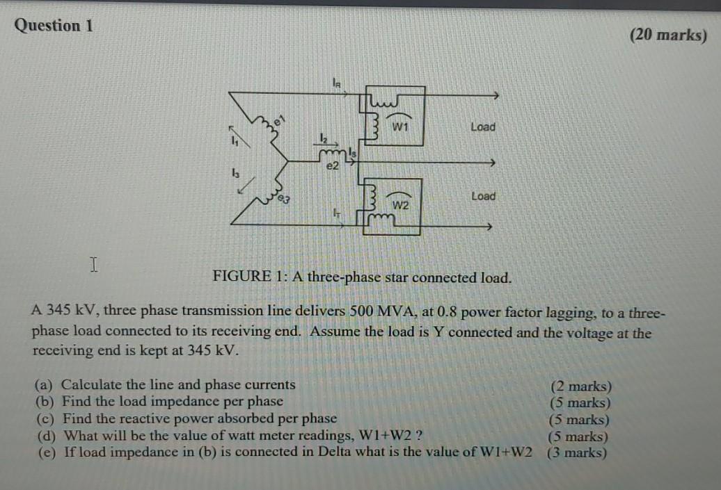 Solved Question 1 (20 marks) la W1 Load e2 13 3 Load W2 I | Chegg.com