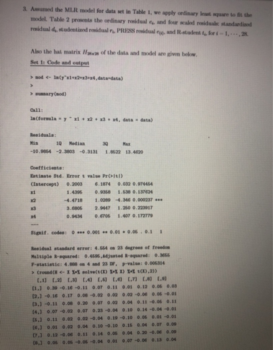 3. Assumed the MLR model for data set in Tablewe | Chegg.com