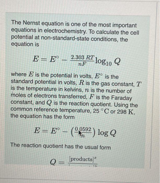 Solved The Nernst equation is one of the most important | Chegg.com