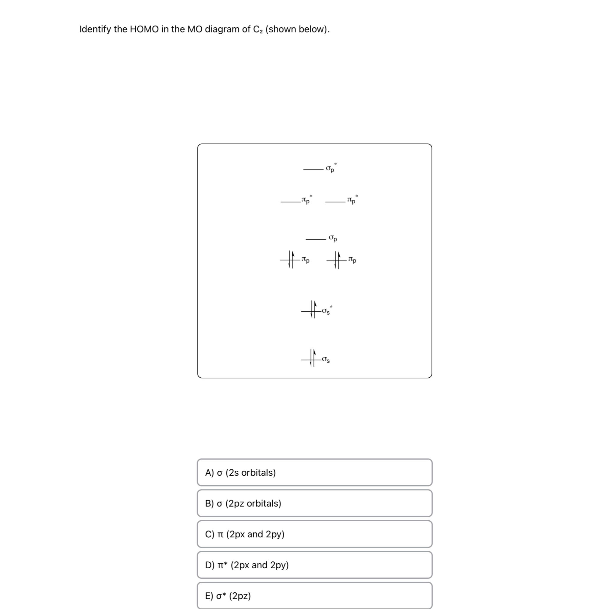 Solved Identify the HOMO in the MO diagram of C2 (shown | Chegg.com