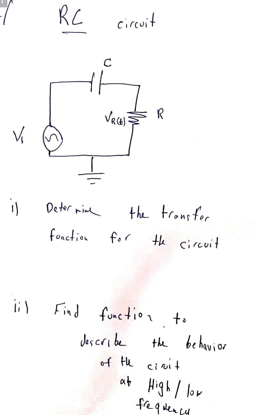 Solved RC circuit С VR (4) hu R VI 1) Determine the transfer | Chegg.com