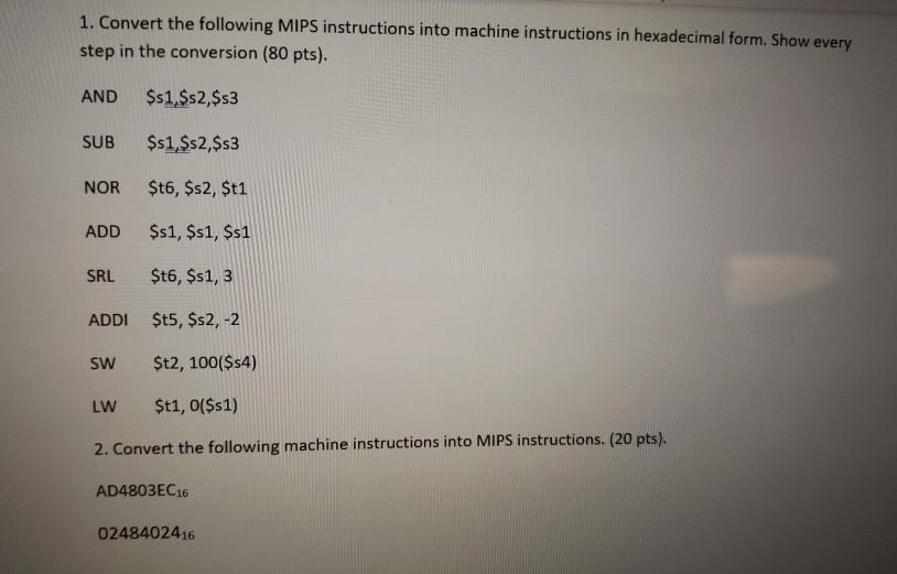 Solved 1. Convert the following MIPS instructions into | Chegg.com
