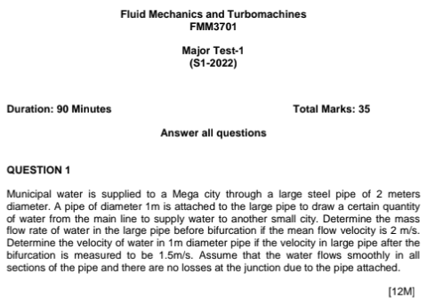 Solved Fluid Mechanics and Turbomachines FMM3701 Major | Chegg.com