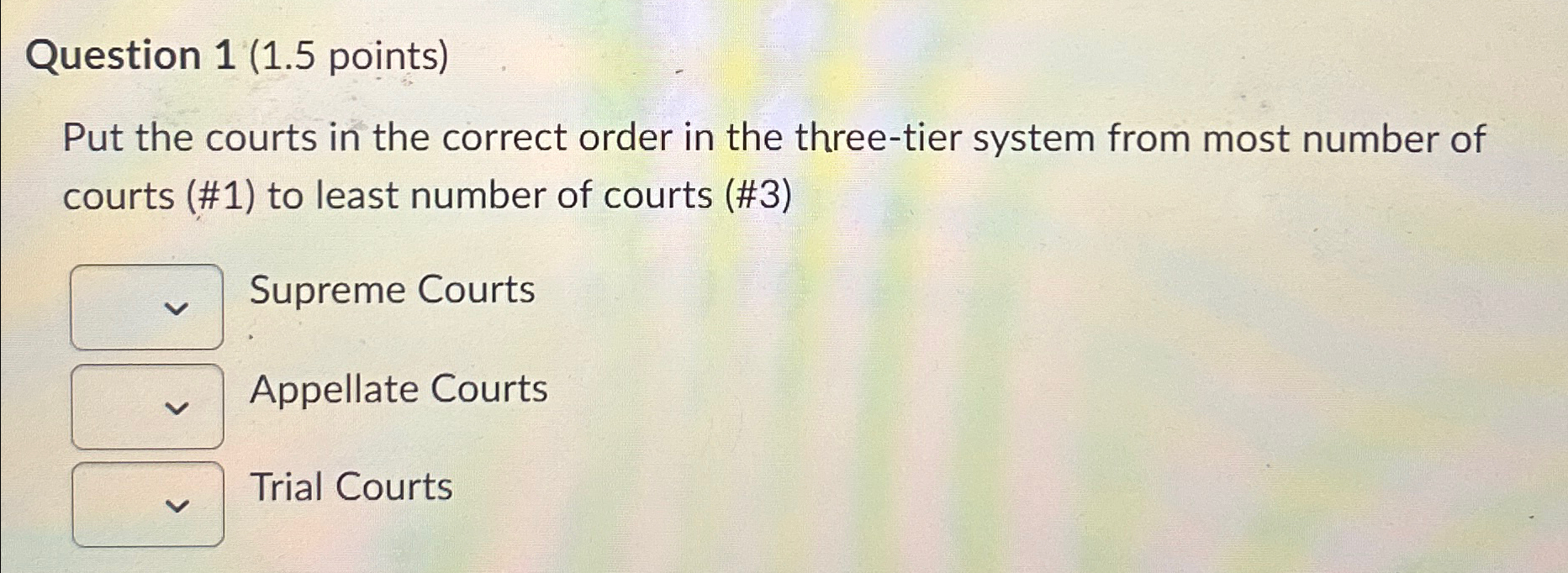 Solved Question 1 (1.5 ﻿points)Put the courts in the correct | Chegg.com