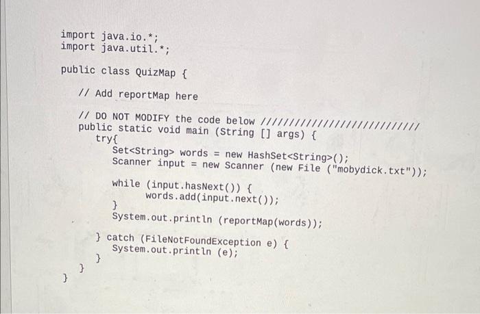 Solved Add a method called reportMap that accepts a set of | Chegg.com