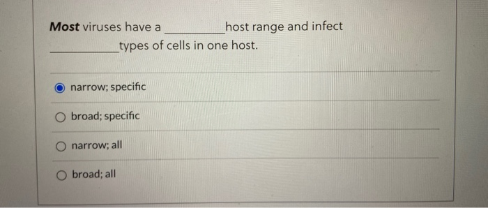 Solved Most viruses have a host range and infect types of | Chegg.com