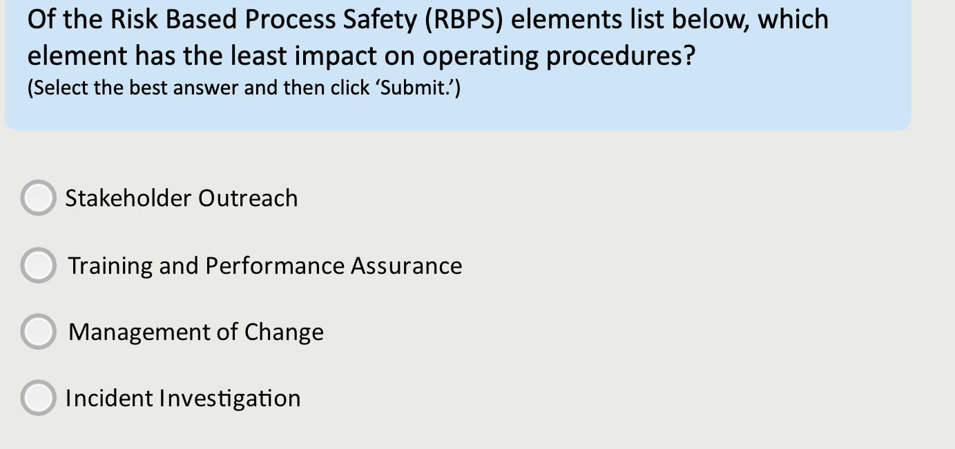Solved Of the Risk Based Process Safety (RBPS) ﻿elements | Chegg.com