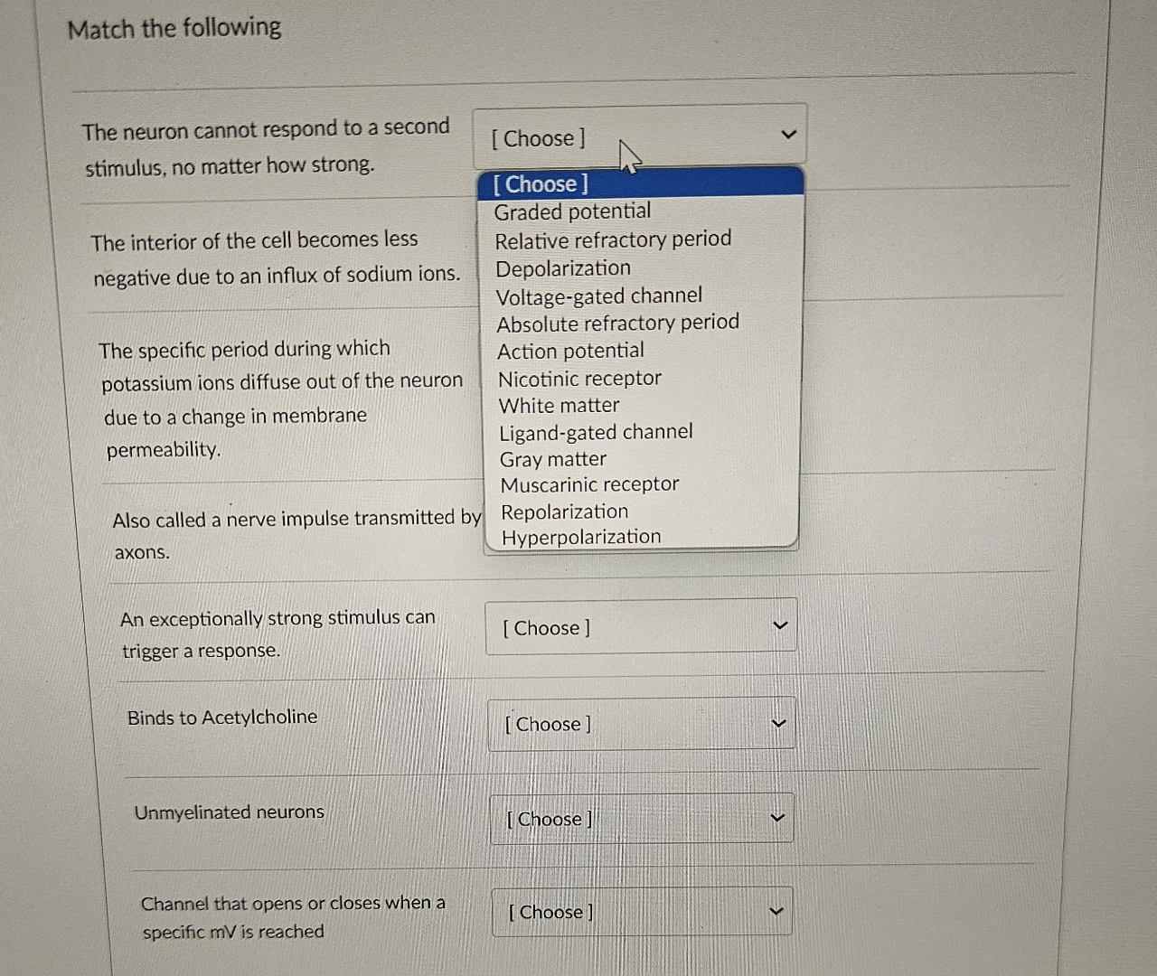 Solved Match the following\table[[The neuron cannot respond | Chegg.com