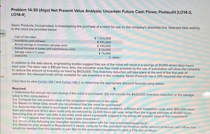 Solved Problem 14-30 (Algo) Net Present Value Analysis; | Chegg.com