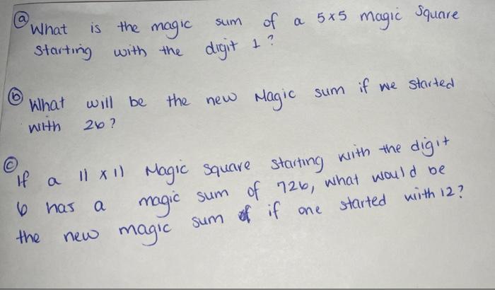Solved Sum of a 5x5 magic square What is the magic starting | Chegg.com