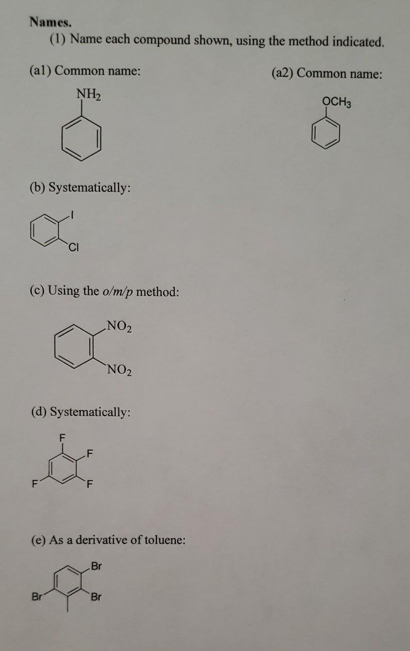 Solved Names. (1) Name each compound shown, using the method | Chegg.com