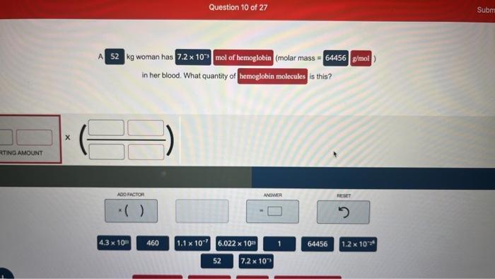 Solved Starting AMOUNT X A 52 kg woman has 7.2 x 103 mol of | Chegg.com