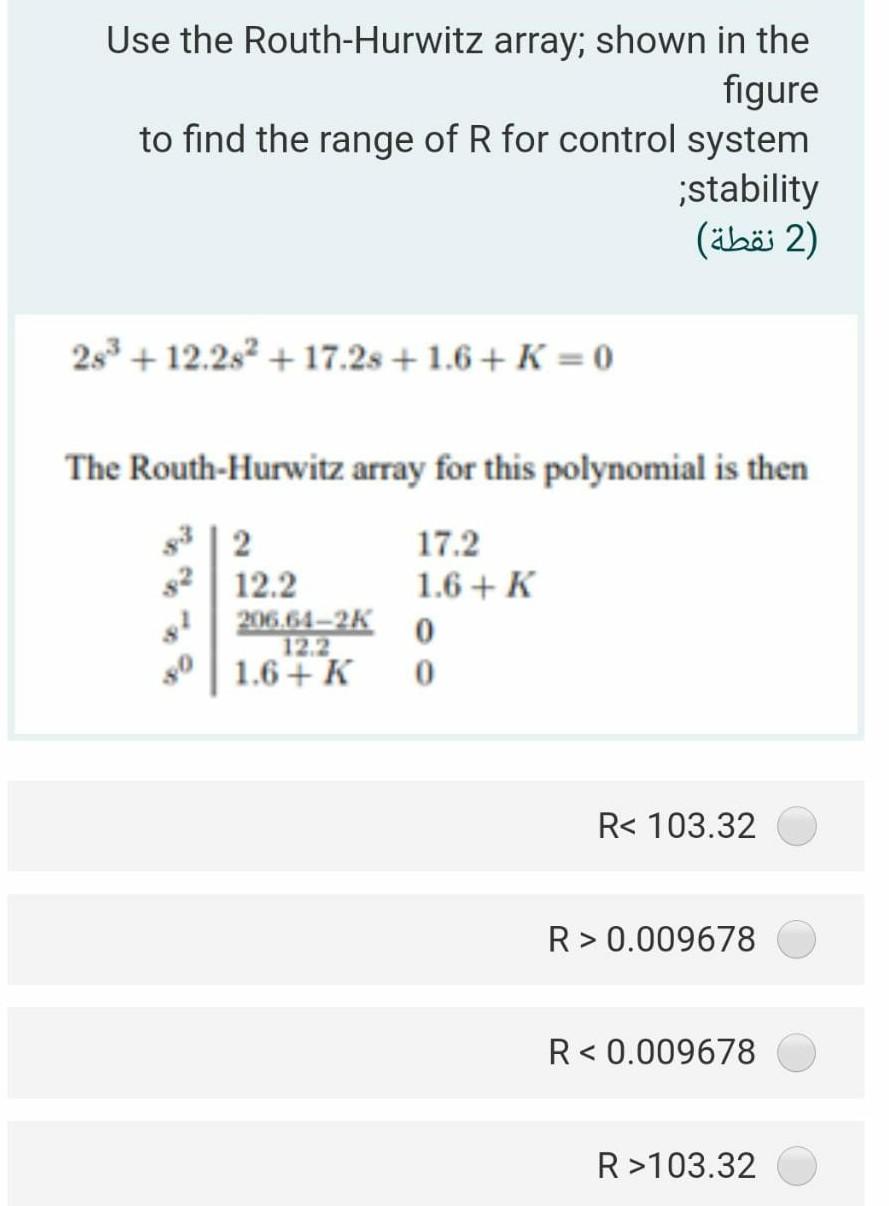 Solved Use the Routh-Hurwitz array; shown in the figure to | Chegg.com