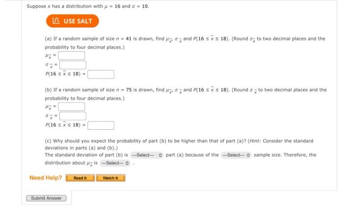 Solved Suppose x has a distribution with μ = 16 and a = 10. | Chegg.com