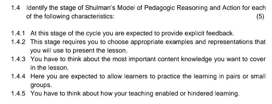 1.4 Identify the stage of Shulman's Model of | Chegg.com