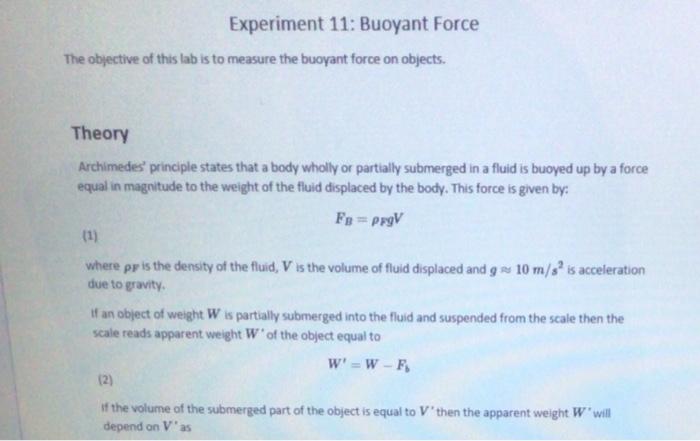 Solved Experiment 11: Buoyant Force The objective of this | Chegg.com