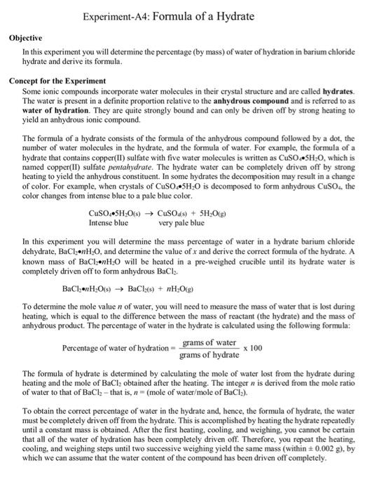 Solved Name: Experiment-A4: Determination of Hydrate | Chegg.com