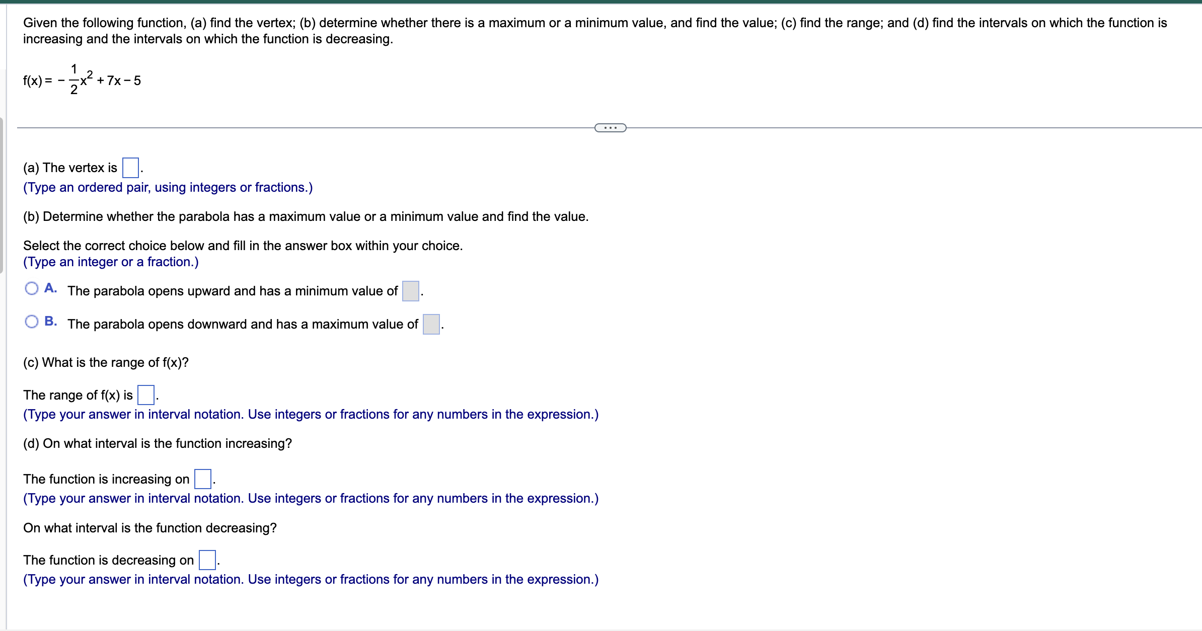 Solved Given the following function, (a) ﻿find the vertex; | Chegg.com